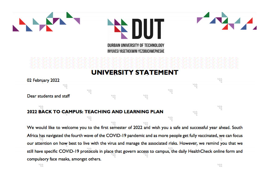 DUT Statement 2022 BACK TO CAMPUS TEACHING AND LEARNING PLAN